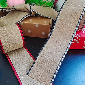 2 Rolls Glitter Buffalo Plaid Wired Edge Ribbons for Valentine's Day Gifts, Burlap Fabric Craft Natural Wrapping Ribbon Rolls with Checkered Edge for Christmas Party Box Wrapping Decor(1.5 x 216 Inch)