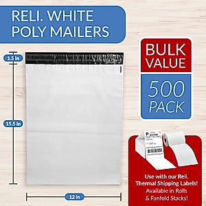 Reli. Poly Mailers 12x15.5 | 500 Pcs Bulk | Shipping Envelopes/Shipping Bags | White Packaging Bags for Shipping | Non-Padded Polymailers, Self Sealing Mailing Bags for Clothing, Bulk (White)