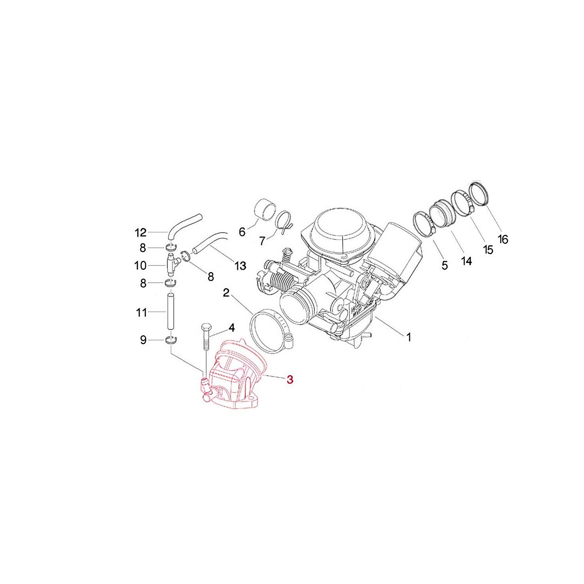 B016579 OEM Rubber Carburetor Inlet INTAKE MANIFOLD with Two Vacuum Connections for VESPA GT GT L GTS GTV, PIAGGIO Beverly X8 X9 XEvo, APRILIA Atlantic 125cc - 250cc OEM# 840949, AP8575043, B016579