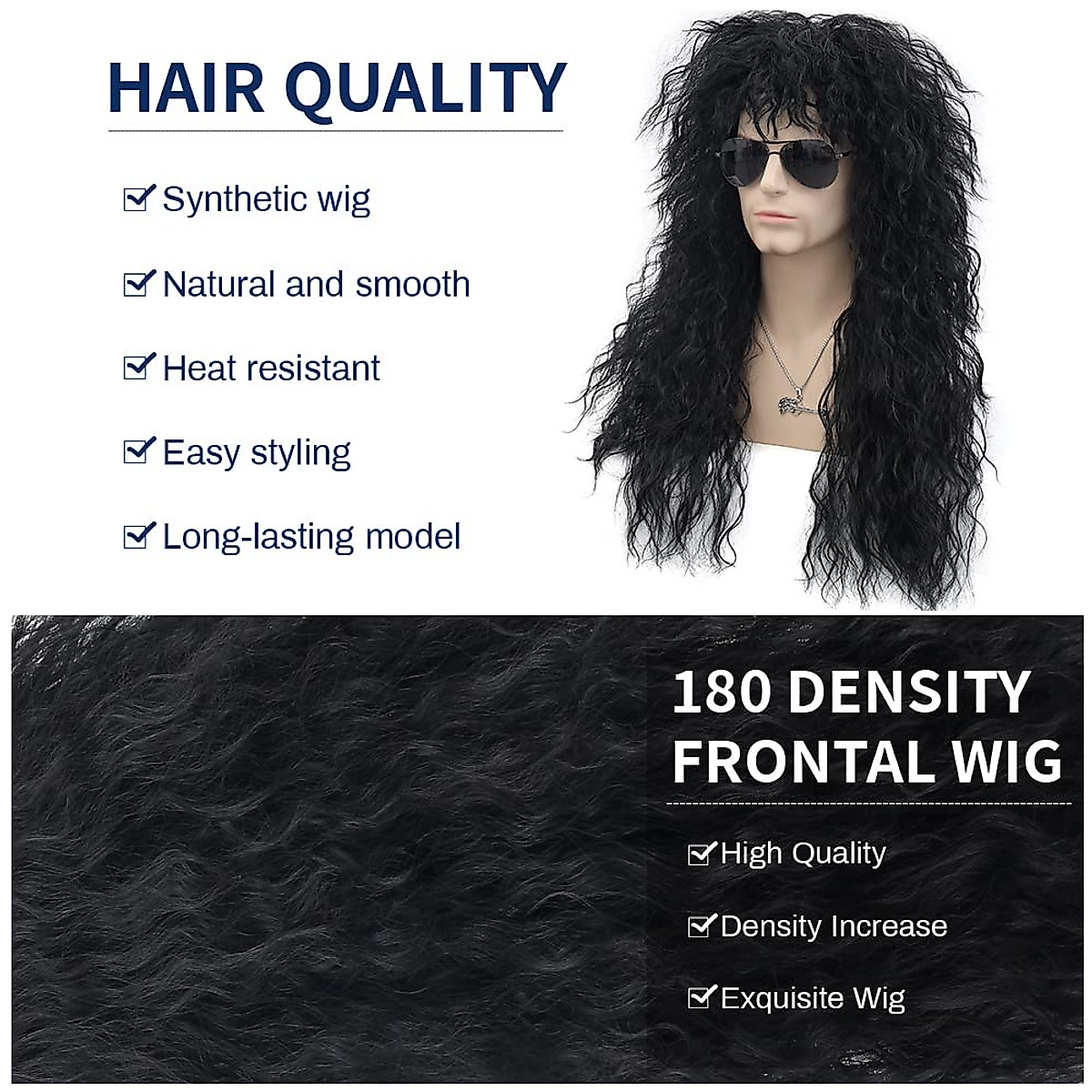 MUPUL Men's 80's Style Glam Rock-Rocker Long 26inch Black water wave Hair Wig Perfect for Halloween Cosplay Costume Party Wigs Rock Curly Wig (black-1)
