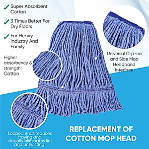20oz Heavy Duty Cleaning Mop Head Replacement - 4 Pack - Commercial Replacement, Wet Industrial Blue Cotton Looped End String Head Refill