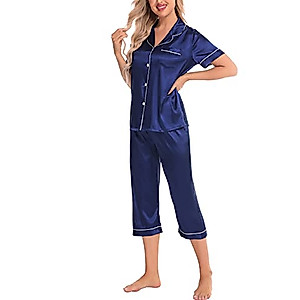SWOMOG Satin Pajama Set Women Silk Pjs Set Short Sleeve 2 Piece Button Down Sleepwear Lounge Sets Navy Blue