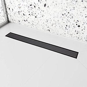 24 inch Linear Shower Drain with Removable Square Hole Panel by Using 304 Stainless Steel Process, Linear Drain Equipped with Adjustable Feet and Hair Strainer（Matte Black Color）
