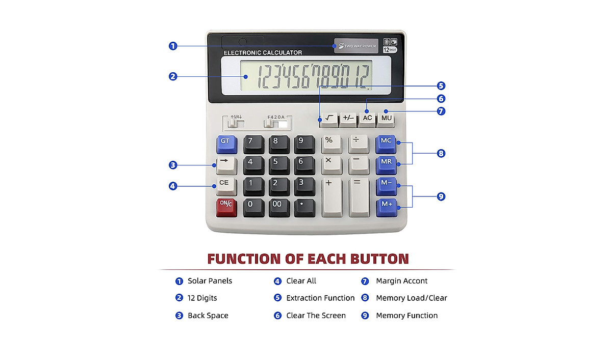 Large Display Calculator with Big Buttons & Dual Power - meTo