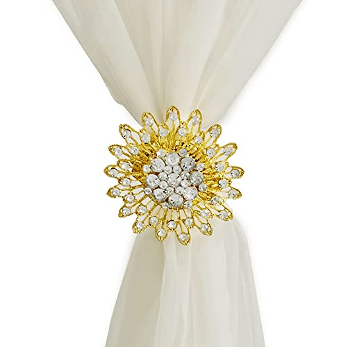 Tableclothsfactory 2 Pack | 4" Gold Crystal Flower Magnetic Backdrop Curtain Tie Backs, Metallic Window Drapery Panel Buckle Clips