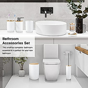 Otostar Bamboo Bathroom Accessory Set 6 Piece Bathroom Accessories Set Plastic Gifts Bath Set with Toothbrush Holder Soap Dispenser Qtip Holder Tumbler Soap Dish Toilet Brush Holder Trash Can (White)
