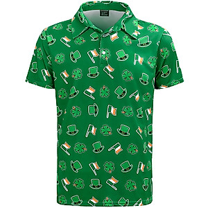 Men's Saint Patricks Day Polo Shirt Irish Shamrock Four Leaf Lucky Clover Short Sleeve Golf Top, Dark Green, Medium