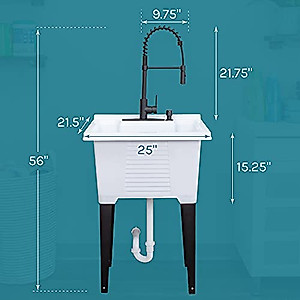 White Utility Sink by JS Jackson Supplies, Tehila Luxe Laundry Tub, Matte Black Hi-Arc Coil Faucet, Soap Dispenser