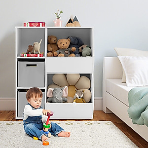 GLACER 5-Cube Kids Toy Storage Organizer, Freestanding Wooden Bookcase Bookshelf w/ 2 Removable & Foldable Bins, Open Multi-bin Storage Display Cabinet for Kids Room, Play Room, Nursery, White