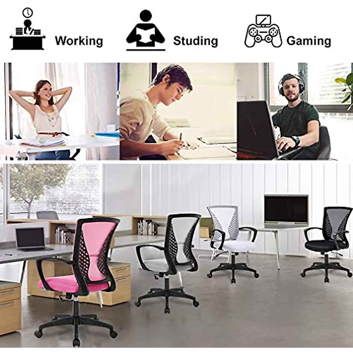 FLL Desk Chair Office Chair Swivel Computer Chair Executive Chair with Lumbar Support Armrests Adjustable Seat Height,Mesh Computer Chair Rolling Swivel Chair for Home Office Conference Room(White)