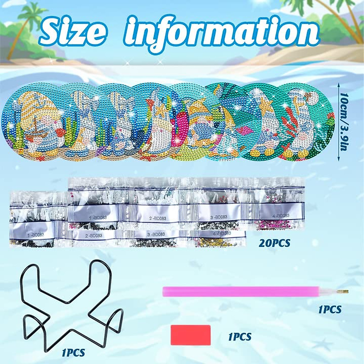 8 PCS Ocean Gnome Diamond Paintings Coasters, Diamond Art Coasters with Holder, Sea Diamond Painting Coasters for Beginners Adults Kids Art Supplies