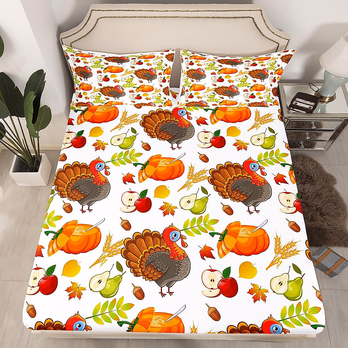 Erosebridal Thanksgiving Turkey Bed Sheets Set for Boys Girls Women Fall Decor Sheet Set Twin Size Rustic Farm Pumpkin Maple Leaf Fitted Sheet Autumn Harvest Flat Sheet Cute Wild Animal Turkey Sheets