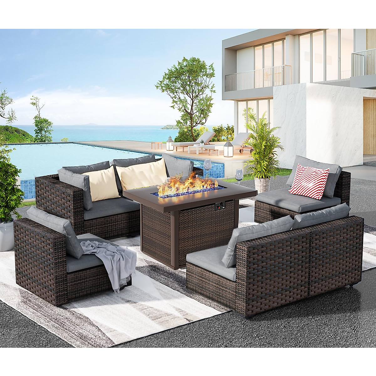 Grezone Patio Furniture Sets 7 Pieces with Fire Pit Table Patio Sectional Outdoor Furniture Sofa Chairs Set PE Rattan Wicker Couch Conversation Set with No-Slip Cushions Waterproof Covers Grey
