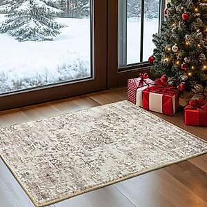 StangH Washable 2x3 Entryway Rug Beige Tan Low-Pile High Traffic Area Rug Vintage Distressed Farmhouse Home Decor Floor Carpet for Kitchen Bathroom Living Room Doorway Office