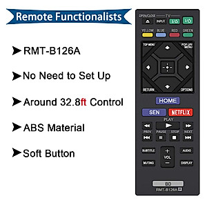 New RMT-B126A Remote Control Replacement for Sony Blu-Ray Disc DVD Player BDPBX120 BDPBX320 BDPBX520 BDPBX620 BDPS1200 BDPS2100 BDPS2200 BDPS3200 BDPS5200D BDPS6200, sub RMT-VB200U RMT-VB100U