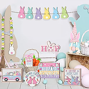 14 Pieces Easter Tiered Tray Decorations Includes 1 Pc Easter Gnomes Bunny Plush Doll 3D Wooden Centerpiece Table Signs Easter Pattern Wood Flag Happy Spring Decoration for Indoor Home Kitchen Decor