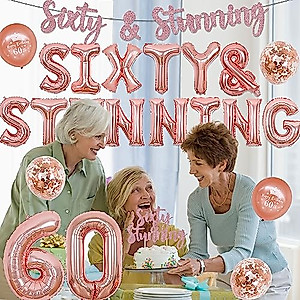 Wonmelody Funny 60th Birthday Decorations Rose Gold Stunning Glitter Birthday Decor Sixty & Stunning Glitter Cake Topper Banner Rose Gold Sixty & Fabulous Happy 60th Birthday Decor for Women