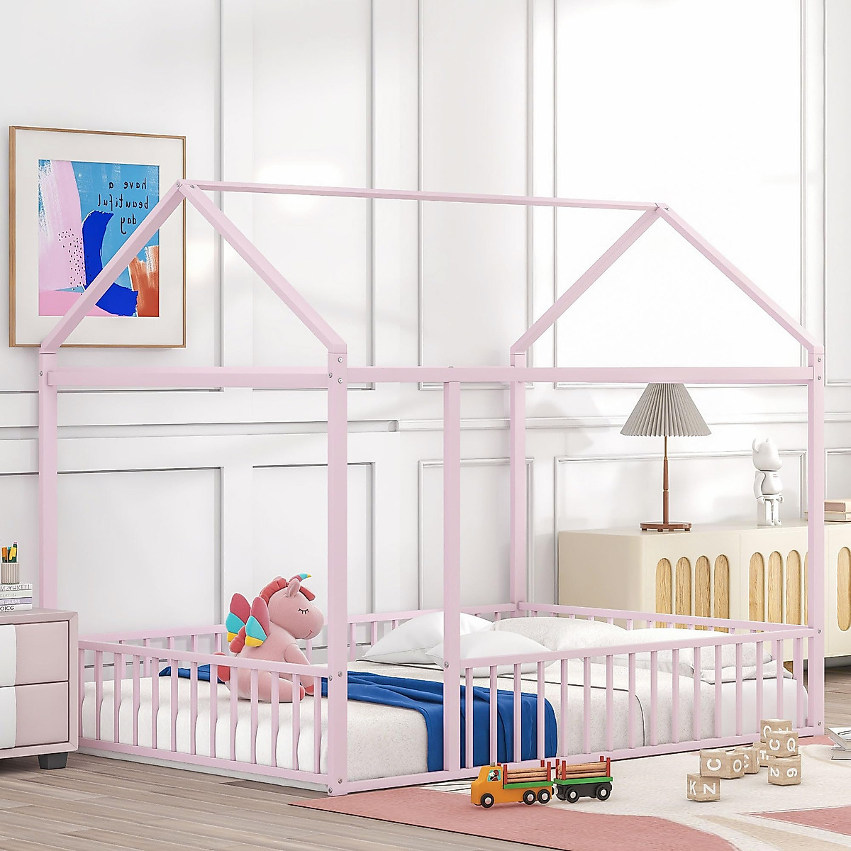 Harper & Bright Designs Full House Bed with Rails, Metal Full Floor Bed for Kids, Full Size Montessori Bed Frame with Roof, Kids Full Playhouse Beds for Boys Girls(Pink)