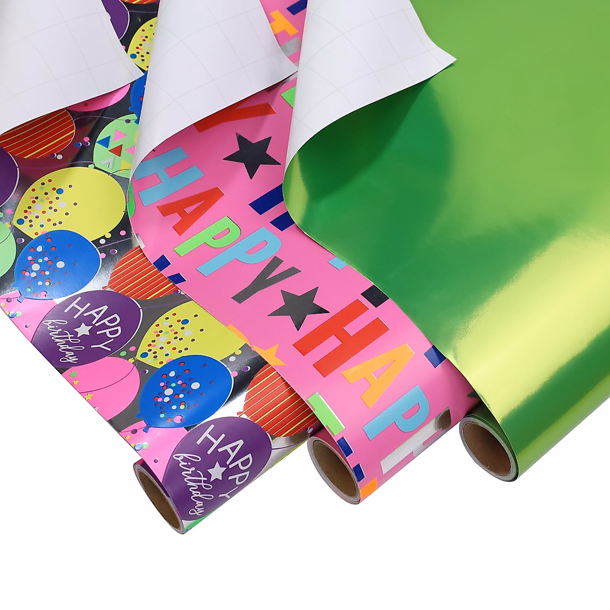 BIOBROWN Birthday Wrapping Paper - 30 Inch X 10 Feet (3 Rolls: 75 sq. ft. ttl.) - Balloons & Neon Green Design Perfect for Birthday, Party, Baby Shower, Christmas, Gift Wrap