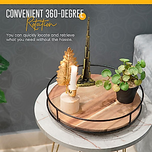 DECORSTATION Wooden Lazy Susan Organizer, 12.5 Inches - Round Lazy Susan for Table, Artistic Acacia Wood with Sturdy Black Steel Bar - 360 Degree Smooth Rotating – Suitable for Countertops & Cabinets