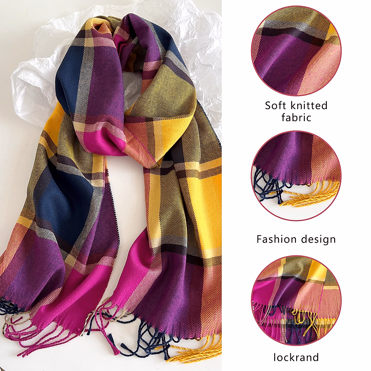 Women's Scarf Classic Tassel Plaid Super Soft Classic Cashmere Feel Fall Winter Scarves Tartan Warm Chunky Wrap Shawl