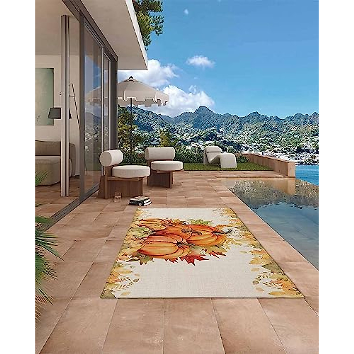 Fall Pumpkins Outdoor Area Rug 4'x6',Patio Balcony Porch Front Door Camping Camper Deck Runner Rug,Washable Carpet Indoor Living Room/Kitchen Floor Mat Thanksgiving Autumn Retro Eucalyptus Leaves