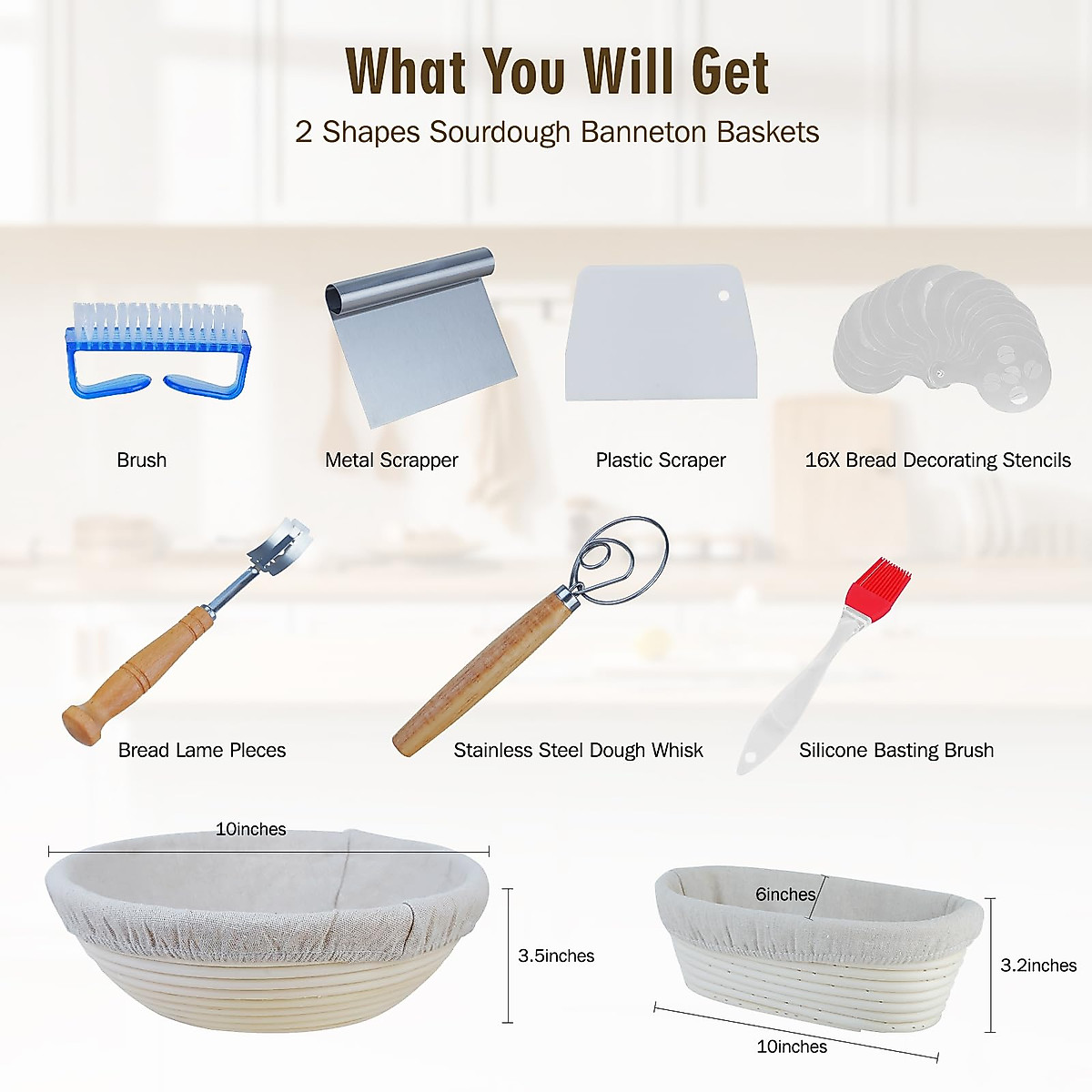 Yebicola Set of 2 Sourdough Banneton Basket, 10 Inch Round & Oval Proofing Baskets for Bread Baking with Bread Lame Dough Scraper Whisk, Sourdough Starter Kit for Home Kitchen Sourdough Bread Making