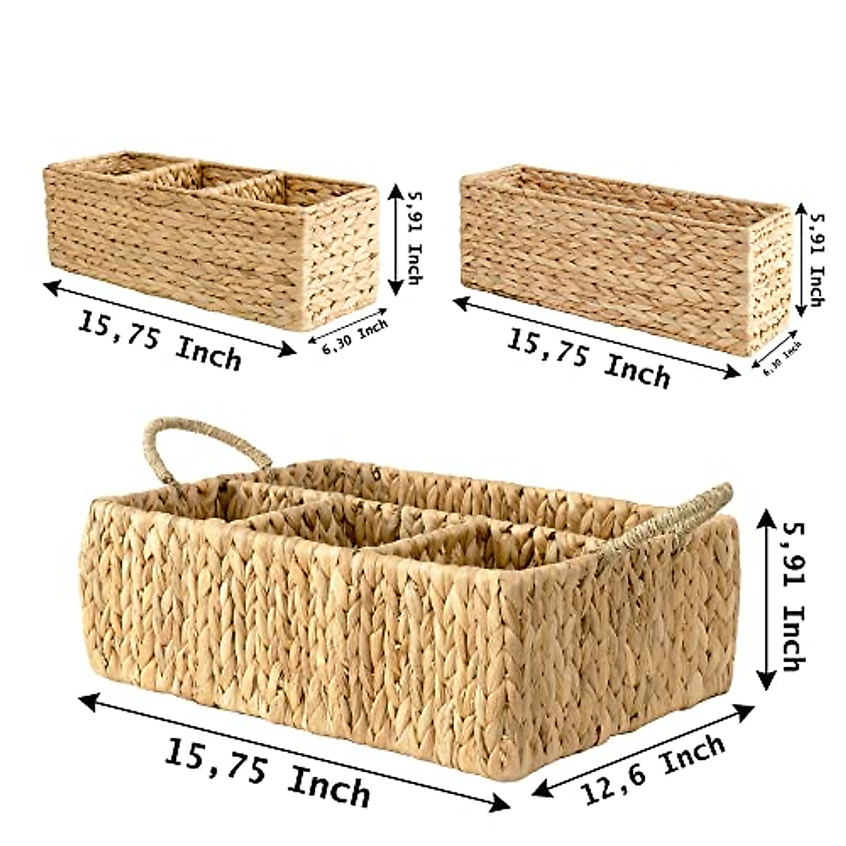 ATHENA HOME Set of 3 Wicker Divided Storage Basket Woven Basket Hyacinth for Organizing Bathroom, Kitchen Shelves Office Supplies Organization Rectangular Tray, Use on Bathroom Vanity, Countertop.