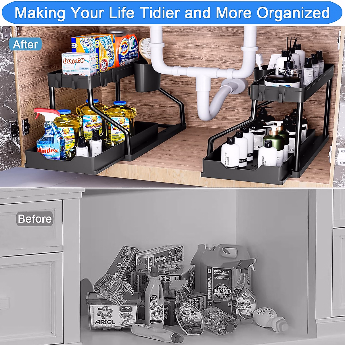 Santoy 2 Pack Under Sink Organizers and Storage, L-Shaped Pull-Out Sink Bathroom Kitchen Organizer with Hooks and Hanging Cup, 2 Tier Under Sink Cabinet Baskets Shelf with Sliding Drawers，Black