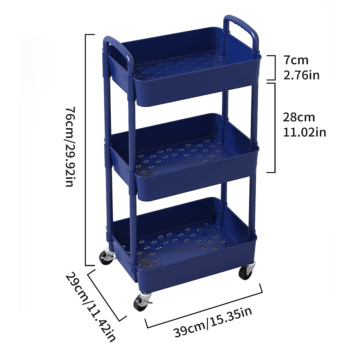 Sywhitta 3-Tier Plastic Rolling Utility Cart with Handle, Multi-Functional Storage Trolley for Office, Living Room, Kitchen, Movable Storage Organizer with Wheels, Blue