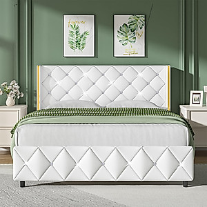 HOMBCK Queen Size Bed Frame with Diamond Headboard, White Upholstered Platform Queen Bed Frame Faux Leather with Gold Wingback, Strong Wood Slat Support, Easy Assembly, White