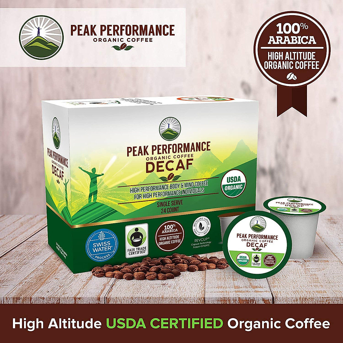 Peak Performance Organic Decaf Coffee Pods - High Altitude USDA Organic Decaf Coffee. High Mental Performance Coffee. Fair Trade, Low Acid Beans Medium Roast Single Serve Decaffeinated. 24 Count Cups