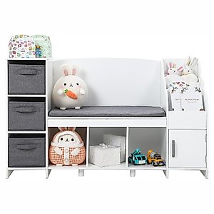 Kids Bookshelf with Reading Nook, Toddler Bookcase with Seat Cushion and Adjustable Shelf, Storage Bench with Book Rack for Bedroom, Playroom, Nursery, White