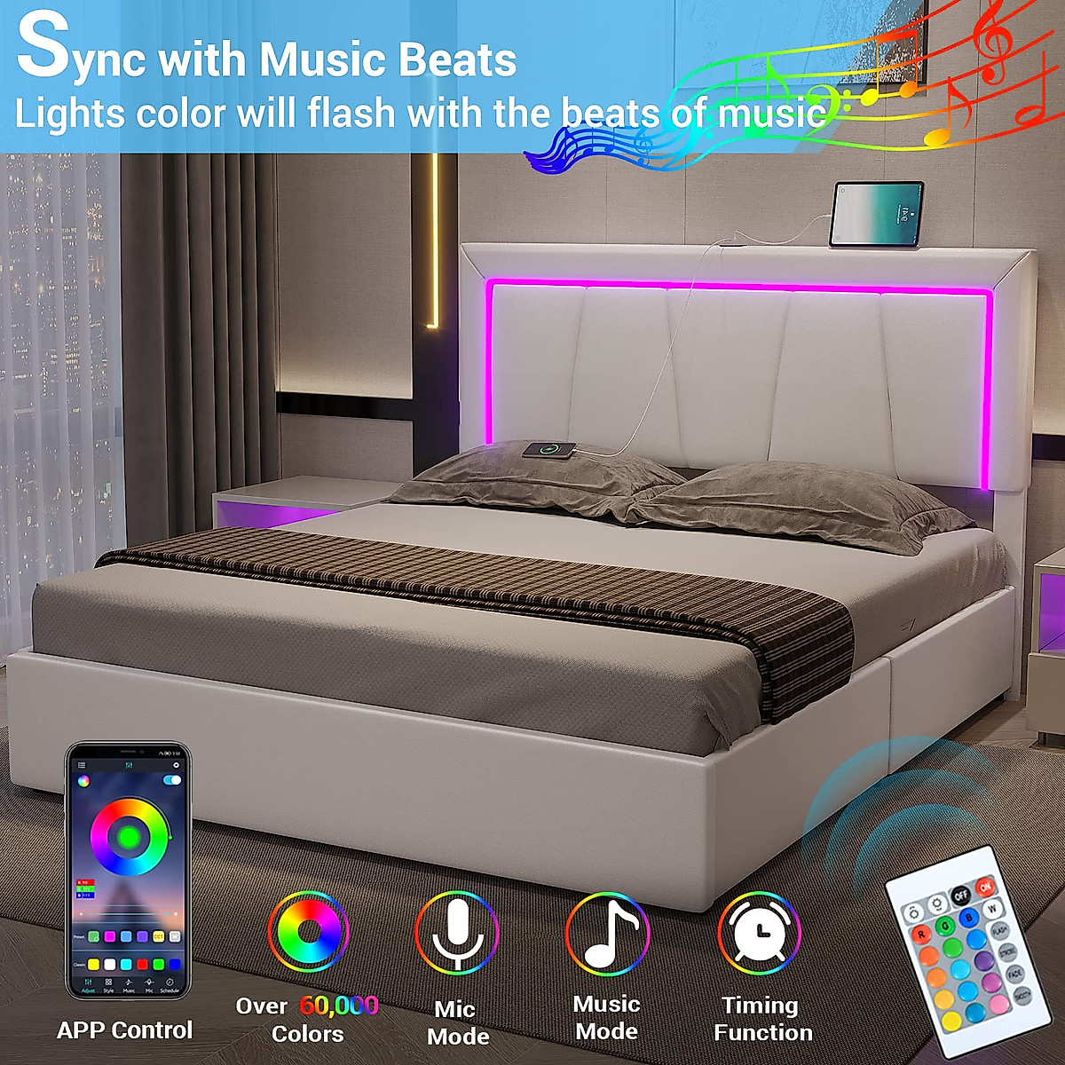 DICTAC Bed Frame Queen Size with 4 Storage Drawers and LED Lights Faux Leather Upholstered Queen LED Platform Bed Frame with USB Ports & Adjustable LED Headboard,No Box Spring Needed,Noise Free,White