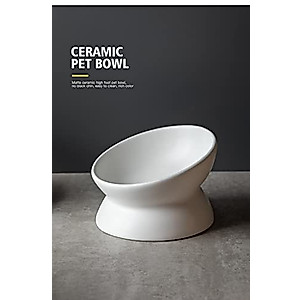 KITCHENLESTAR Ceramic Raised Cat Bowls, Slanted Cat Dish Food or Water Bowls, Elevated Porcelain Pet Feeder Bowl Protect Cat's Spine, Stress Free, Backflow Prevention (Grey) (White)