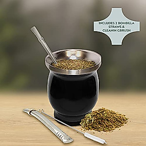 UPGRADED Yerba Mate Natural Gourd/Tea Cup Set (Original Traditional Mate Cup - 8 Ounces) | Includes 2 Bombillas (Yerba Mate Straws to Use) & Cleaning Brush | Stainless Steel | Double-Walled