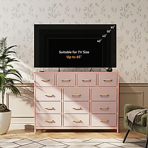 ODK Dresser with Charging Station, 57-Inch Long Dresser TV Stand for Bedroom, Large Dresser with 13 Storage Drawers, Chest of Drawers Easy-Pull Fabric Dressers for Living Room, Pink