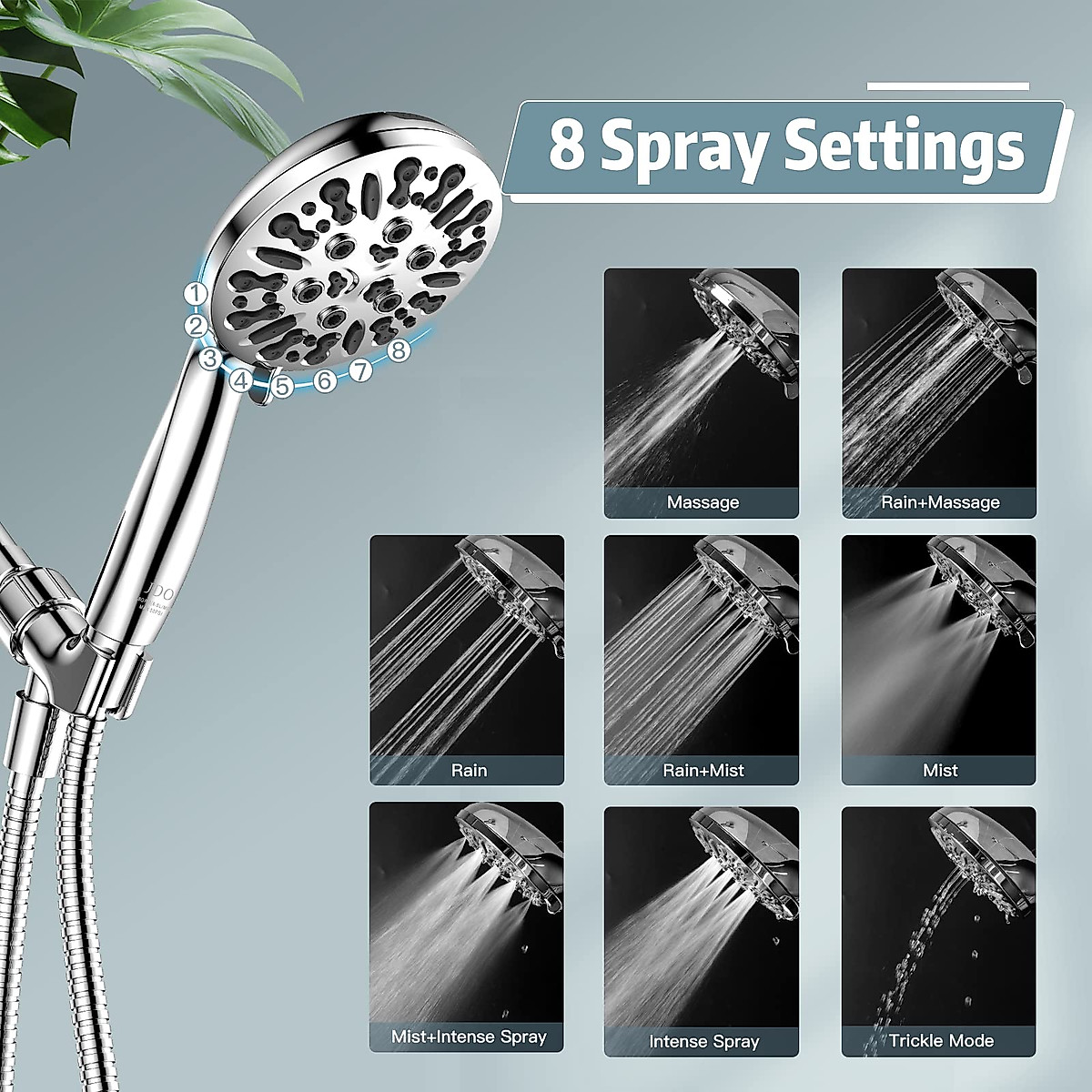 JDO Shower Head with Handheld, High Pressure Handheld Shower Head 8 Settings, Detachable Shower Head Set with Stainless Steel Hose and Shower Bracket (Chrome)
