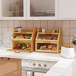 DORPU Extra Large Bread Box, Double Layer Bread Box for Homemade Bread, Bamboo Wooden Bread Storage Container with Tool Holder | Handles | Window, Assembly Required(14.9" x 11" x 15.3") Natural