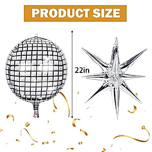 8 PCS 22Inch Silver Disco Ball Ballons, 4D Large Foil Balloons with Metallic Star for 70s Disco Dance Birthday Party Graduation New Year Decoration