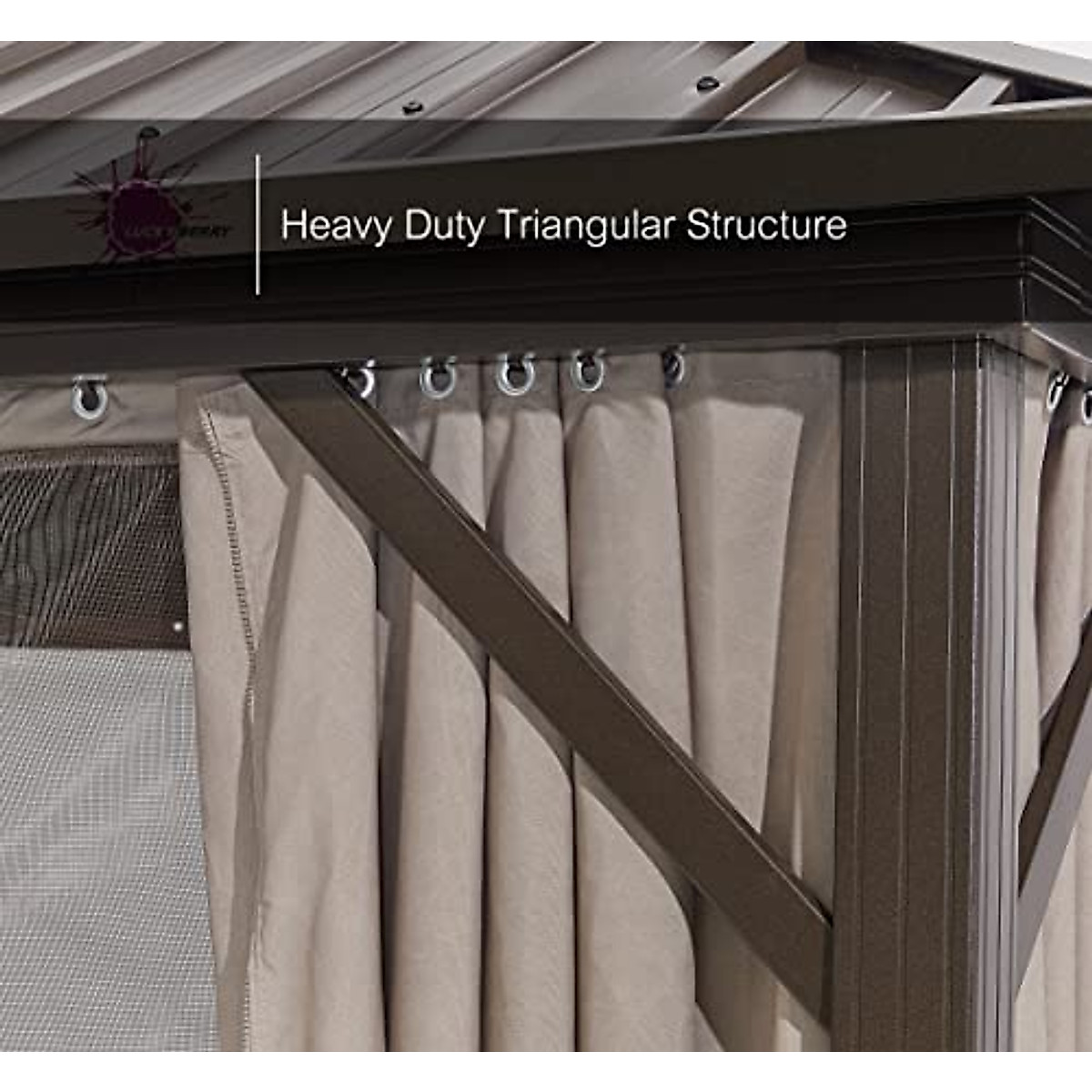 LUCKYBERRY 10' X 12' Outdoor Hardtop Galvanized Steel Roof Double Top Permanent Gazebo Canopy Curtains Aluminum Frame Patio Garden Gazebo with Netting