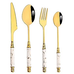 Snplowum Silverware Set For 6, 24 Piece Vintage Flatware With Marble Handle, Mirror Polished Cutlery Set Include Knife Fork Spoon Teaspoon, Gift Package, White Gold