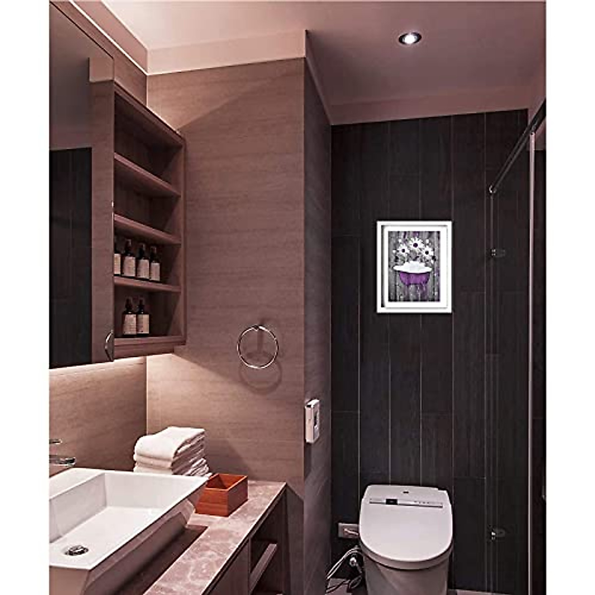 BARZM Rustic Farmhouse Purple Daisy Wall Art Purple Bathroom Wall Art Daisy Canvas Pictures Modern Flower Bathtube Rustic Purple Daisy Wall Art Decor for Bedroom 12x16 inch Frameless