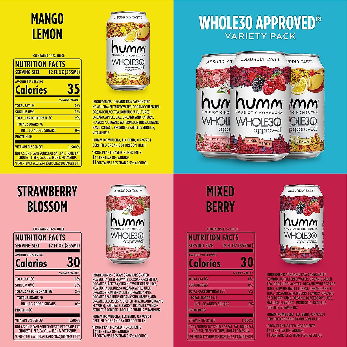 Humm Whole30 Approved Kombucha Variety Pack - Mango Lemon, Mixed Berry, Strawberry Blossom - Organic, Vegan & GMO-Free (12 Pack)