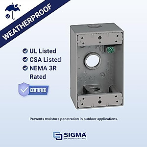 SIGMA ENGINEERED SOLUTIONS 14250 Metal Electrical Outlet Box, Weatherproof, Easy Mount Plug and Receptacle Protector, Gray, (3) 1/2-Inch Holes, 1 Gang Box