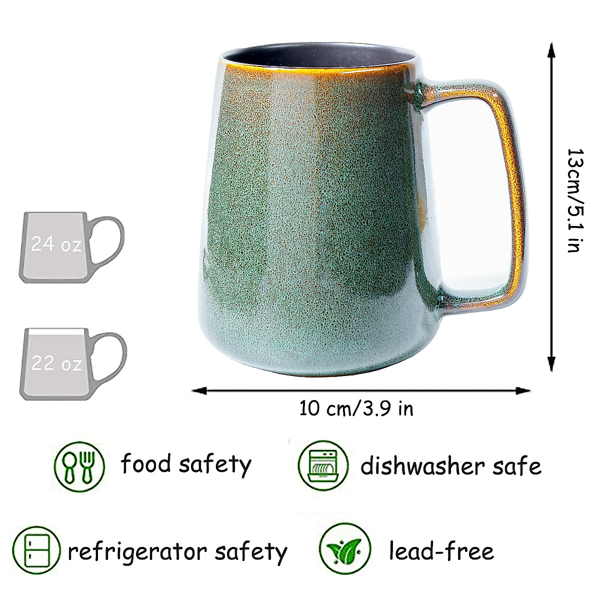 24 oz Ceramic Coffee Mug Large Milk Coffee Mug Tea Cup for Cocoa Cappuccino Latte Cereal Dishwasher Safe Microwave Safe (Green)