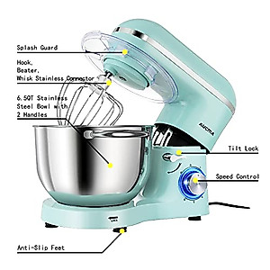 Aucma Stand Mixer,6.5-QT 660W 6-Speed Tilt-Head Food Mixer, Kitchen Electric Mixer with Dough Hook, Wire Whip & Beater (6.5QT, Blue)