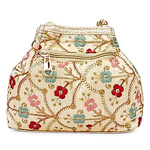 Indian Ethnic Designer Embroidered Silk Potli Bag Batwa Pearls Handle Purse (Golden nd Purple)