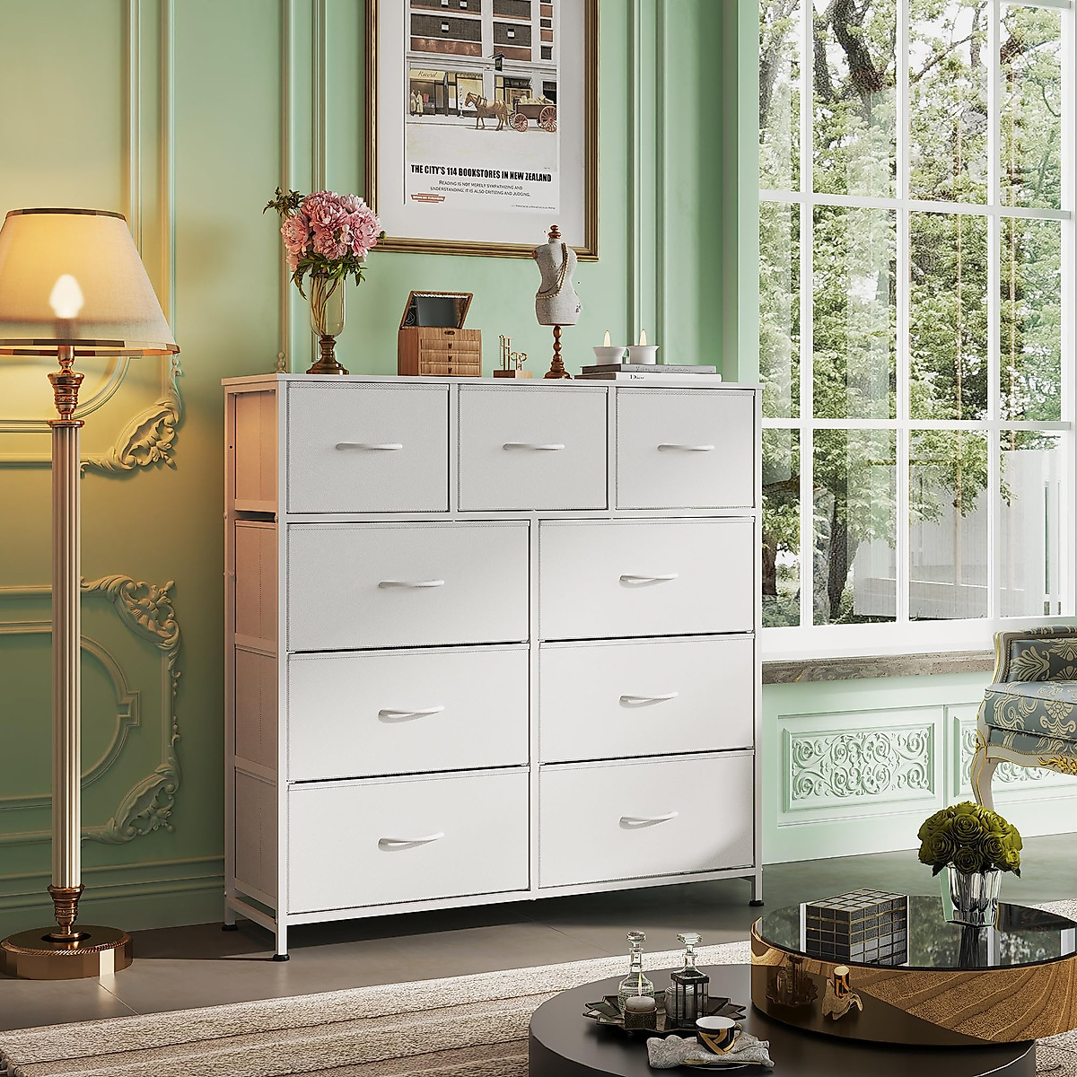 WLIVE 9-Drawer Dresser, Fabric Storage Tower for Bedroom, Hallway, Closet, Tall Chest Organizer Unit for Bedroom with Fabric Bins, Steel Frame, Wood Top, Easy Pull Handle, White
