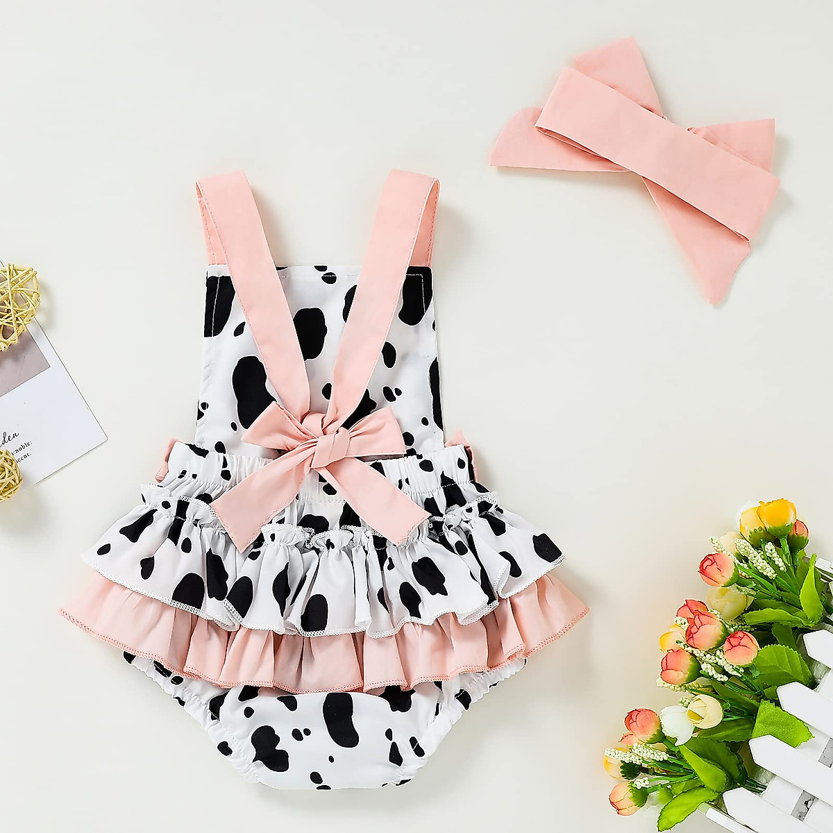 GRNSHTS Infant Baby Girls Ruffle Romper Toddler Sleeveless Halter Bodysuit Jumpsuit+Headband Summer Clothes Cow 12-18 Months Pink&black
